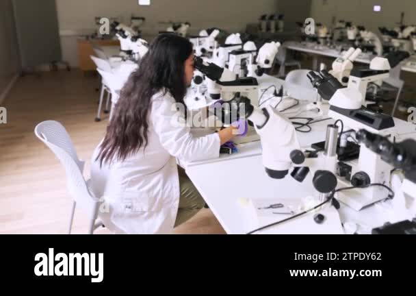 BioMedical Science Laboratory: Portrait of Beautiful Scientist Looking Under Microscope to check ...