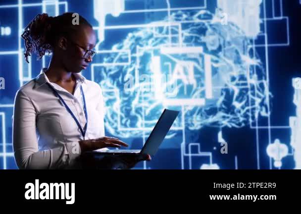 Portrait of cheerful IT executive updating AI systems, writing ...