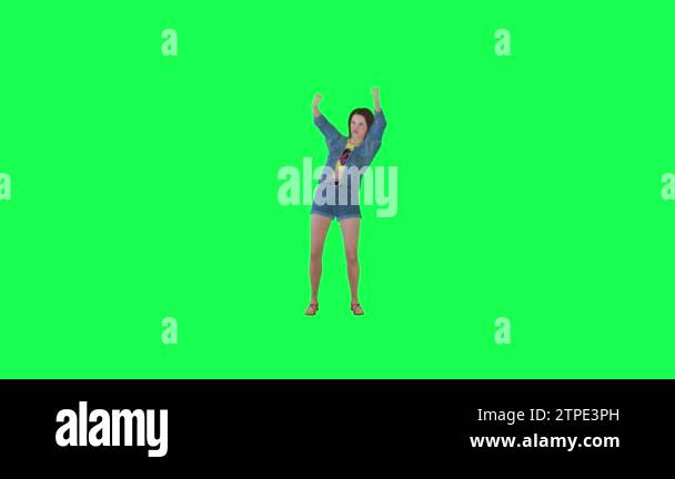 3d animated girl in jeans dancing for victory front angle green screen ...