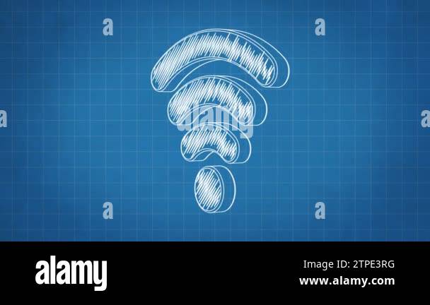 Hand drawn Wi-Fi icon rotating on the blueprint paper. Seamless loop ...