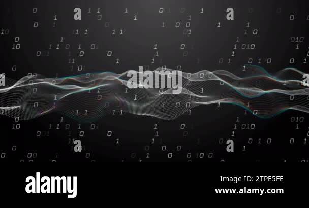 Animation of dynamic wave pattern and binary codes over black background. Digitally generated ...