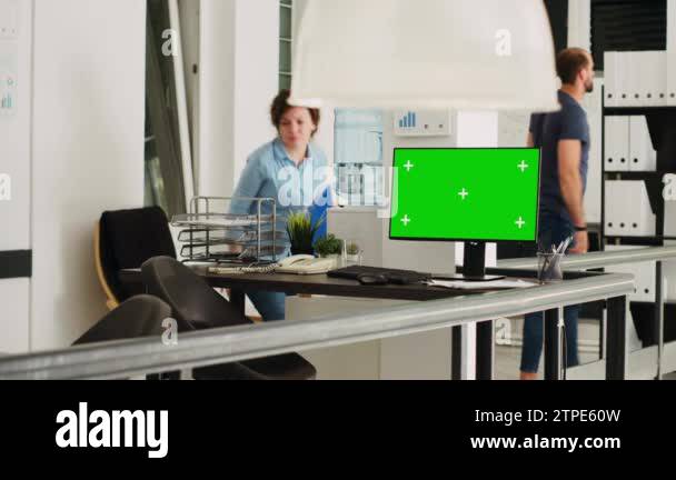 Empty Desk With Greenscreen Layout On Computer In Coworking Space With