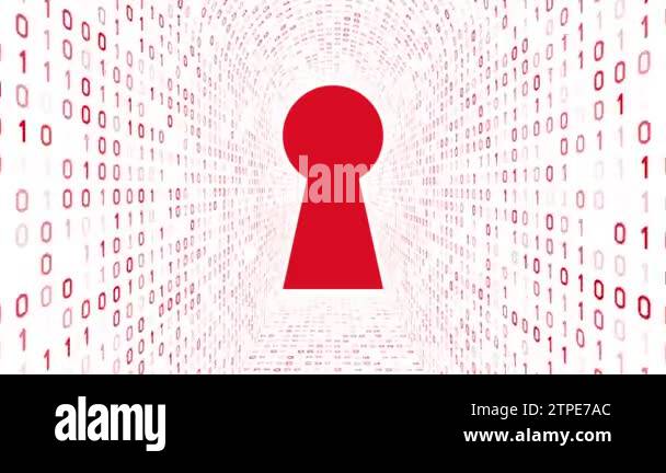 Red keyhole icon form red binary tunnel on white background. Computer security concept. Seamless ...
