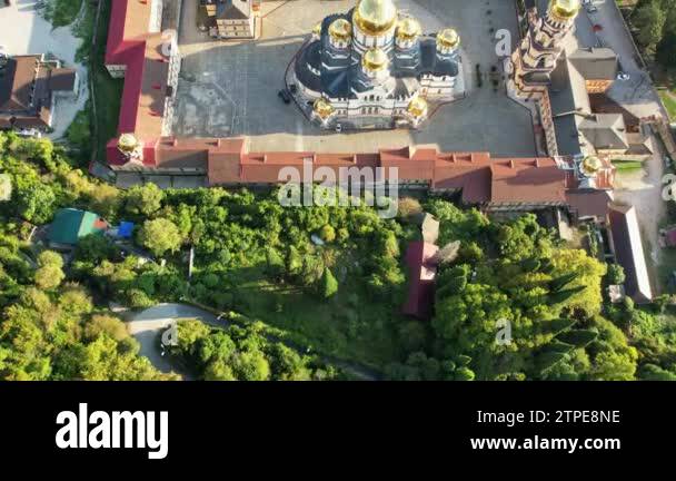 New Athos Monastery in Abkhazia, the city of New Athos, drone footage ...