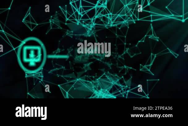 Animation of flowchart of icons, connected dots forming geometric shapes against black ...