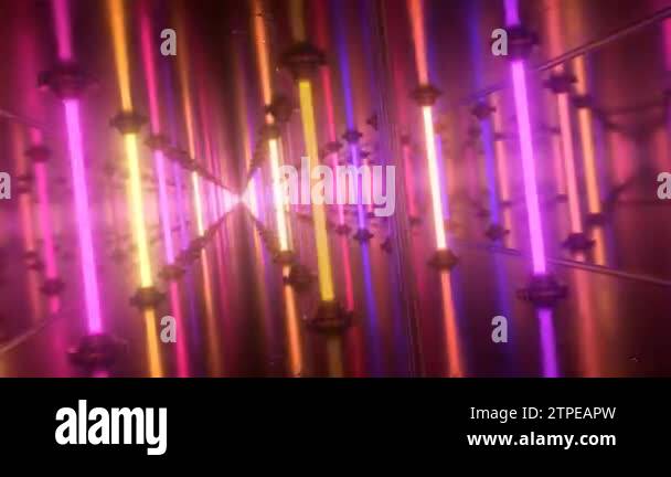 Inside Endless Tunnel Illuminated By Shiny Glowing Neon Laser Pillars ...