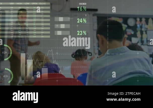 Animation of multicolored infographic interface over diverse teacher ...