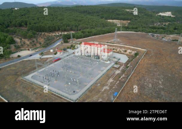 High voltage power station. View from flying drone. Wide angle, high ...