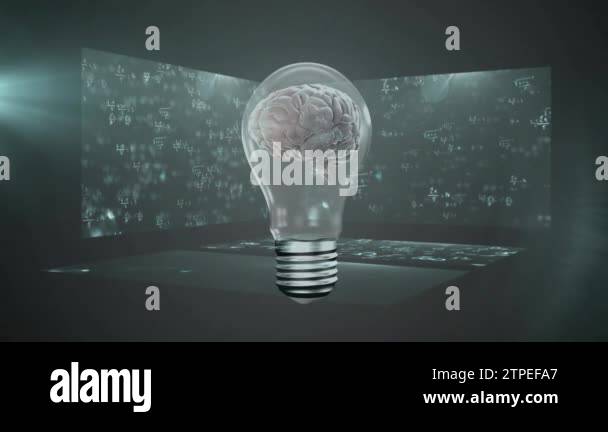 Animation of human brain in light bulb over mathematical equation ...