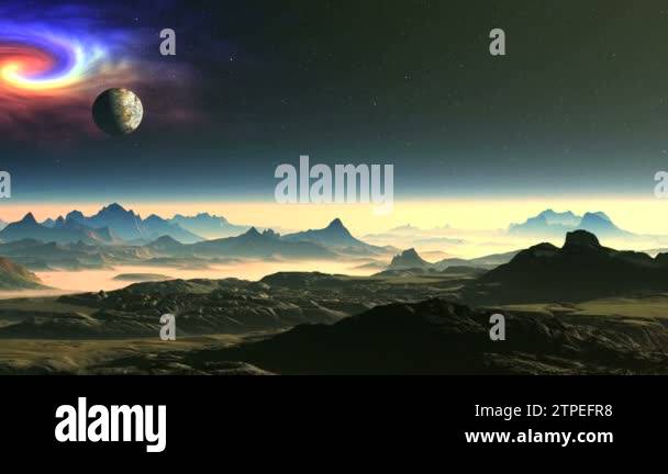 The Nebula and the Moon over Alien Planet. In the dark night sky ...