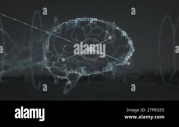 Animation of human digital brain and connected dots over black background. Digitally generated ...