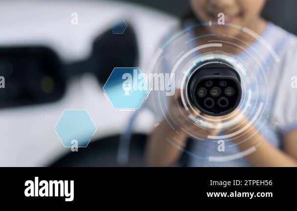 Focus EV charger pointing in front of camera display futuristic eco ...