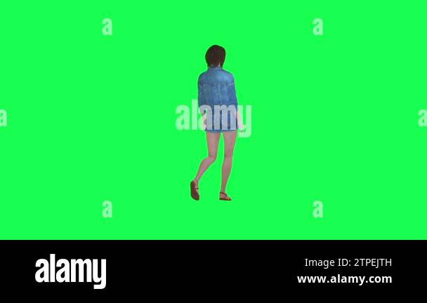 3D animated woman in jeans walking to work back angle green screen 3d ...