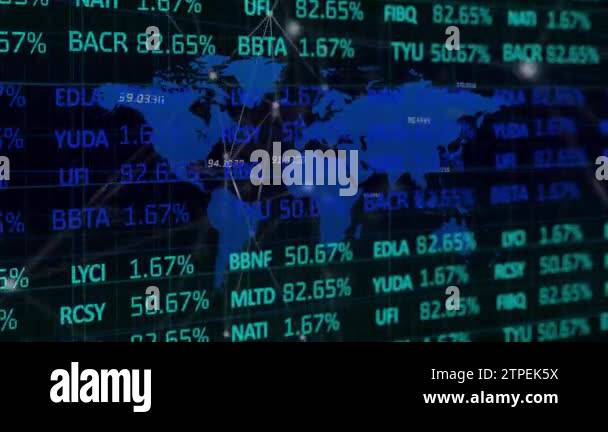 Animation of dots connected with lines, map and trading board over black background. Digitally ...