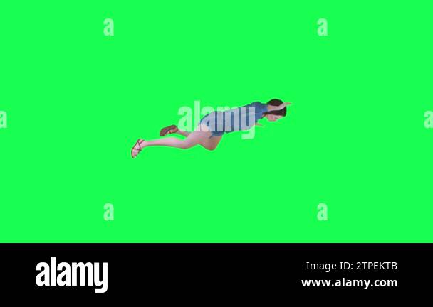 3D animated girl in jeans falling from height left angle green screen ...
