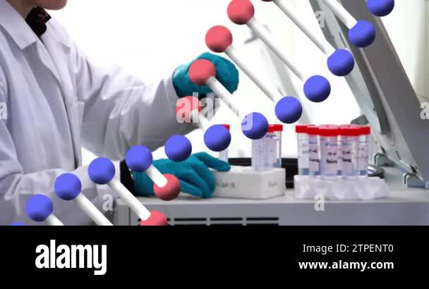 Animation of dna helix over caucasian researcher placing test tubes in ...