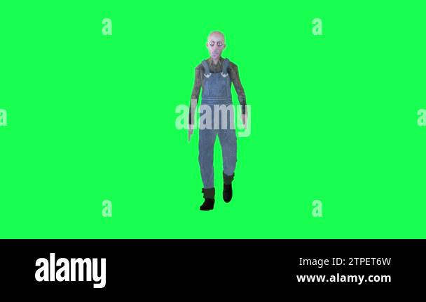 Scary bald man walking front angle isolated green screen 3d people ...