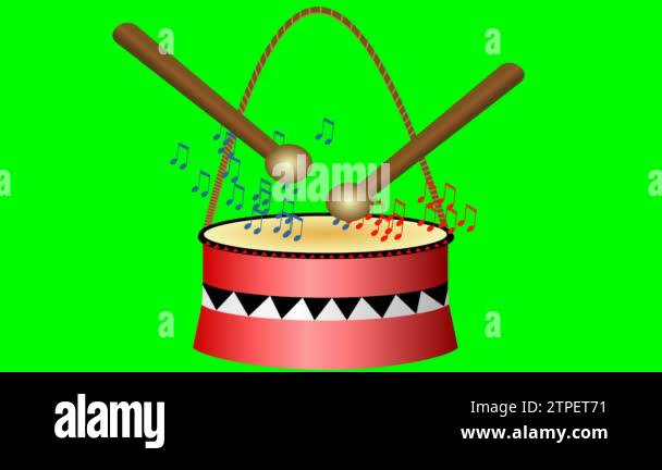 Animated drum with sticks and musical notes.Cute small red drum on ...