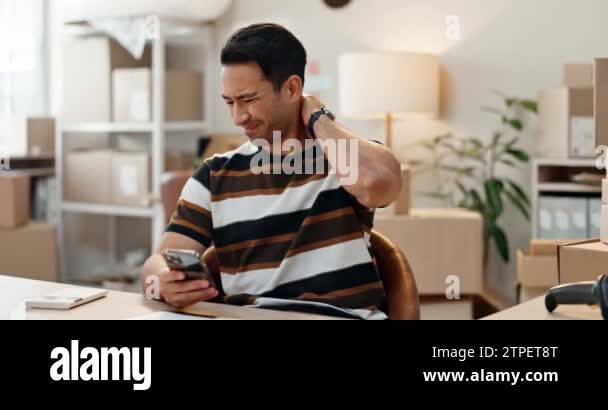 Man, phone and neck pain in logistics, stress or burnout from mistake ...