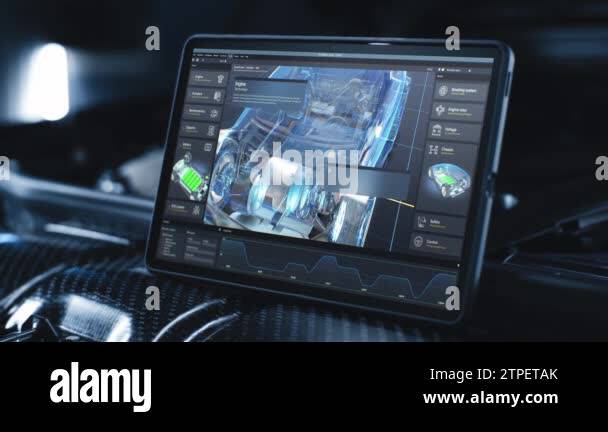 Digital tablet computer screen shows 3D futuristic graphical ...