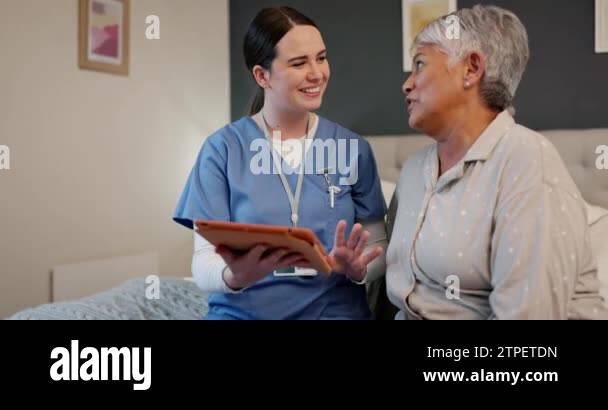 Hug Tablet And Nurse With Senior Woman In Bedroom For Medical Wellness