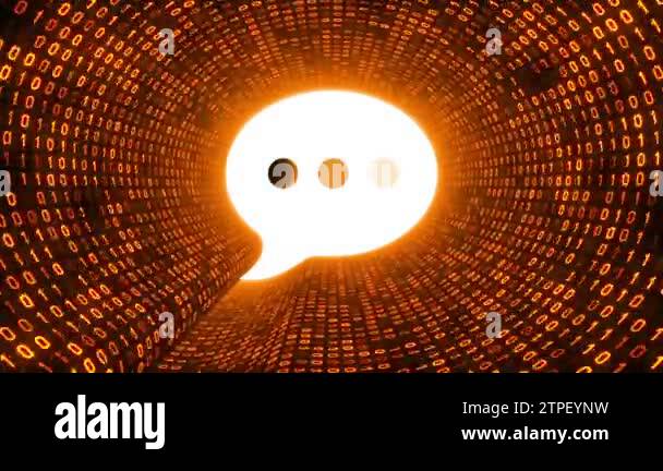 White speech bubble icon form gold binary tunnel on black background. Modern communication ...