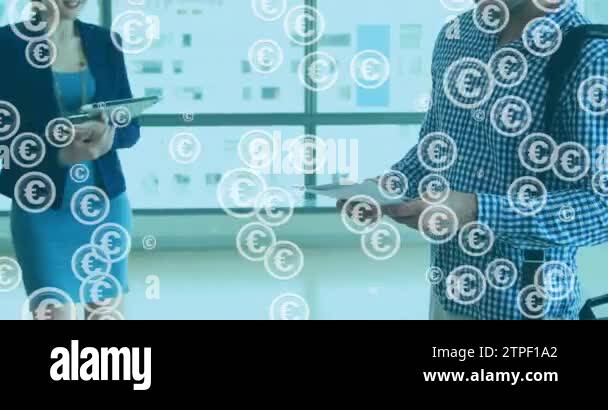 Animation of euro symbol in circles over caucasian woman shaking hands ...