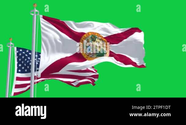 Flags of Florida and United States waving in the wind on green screen ...