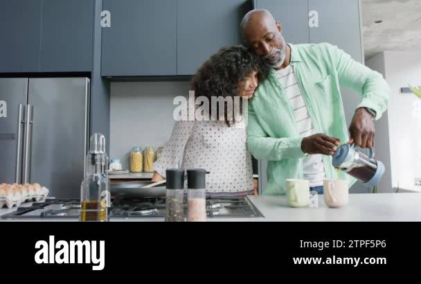 Montage of happy diverse mature couple cooking and working in garden at ...