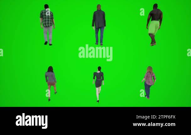 3d green screen six men and woman walking in the zoo from the back ...