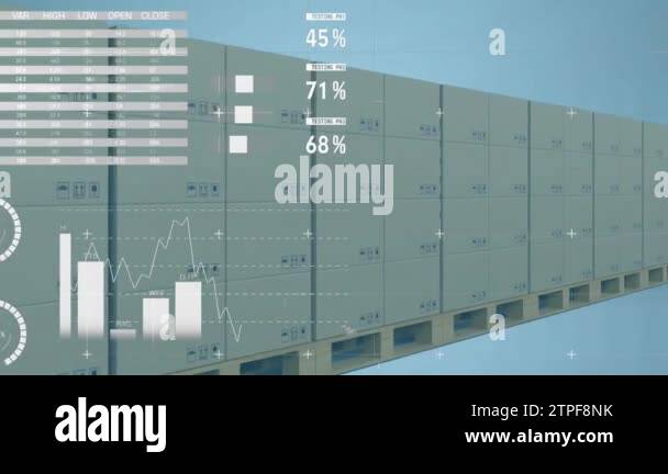 Animation of infographic interface over cardboard boxes on wooden ...
