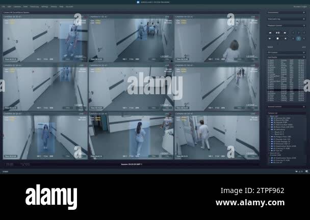 Playback CCTV cameras in clinic corridor on computer screen. User ...