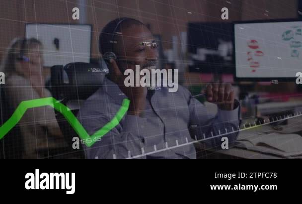 Animation of graph and changing numbers over laughing african american ...