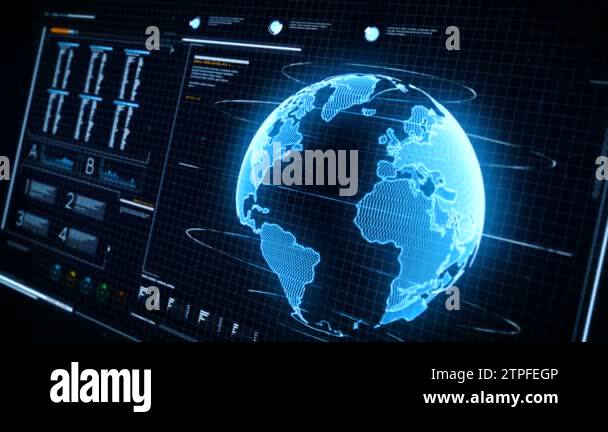 UI User Interface Dark blue background with world map graph bar pi and ...