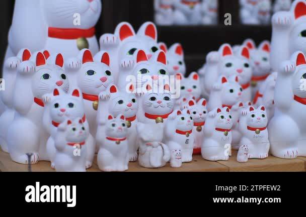 Statue cats left side middle shot at Gotokuji temple in Tokyo. / Its a ...