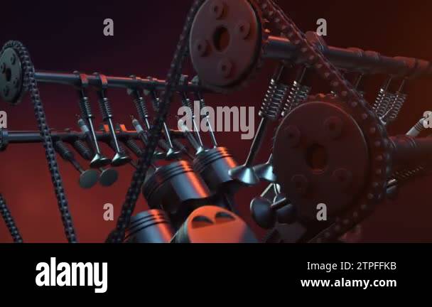 V6 engine inside, animation in motion, pistons, camshaft, chain, valves ...