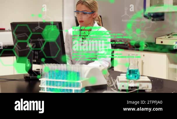 Animation of brains, computer language over caucasian female researcher working on computer ...