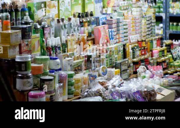Asian shop of Thai cosmetics on the street night market in Thailand ...