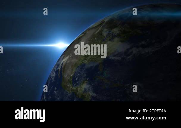 Zoom out realistic earth with sun light on a dark sky background 4K ...