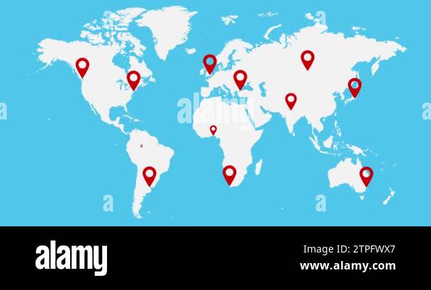 World Map Animation in 4K Video. Red Map Pins on White and Blue World ...