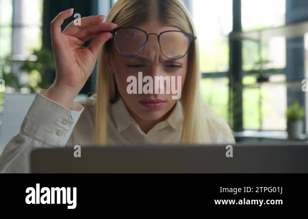 Caucasian woman businesswoman business girl take off glasses looking at ...