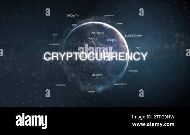 Futuristic bitcoin cryptocurrency oriented words cloud blue modern animation loop. 3D technology ...