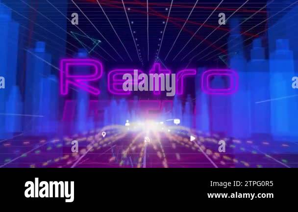 Animation of neon retro text banner over light trails and digital icons ...