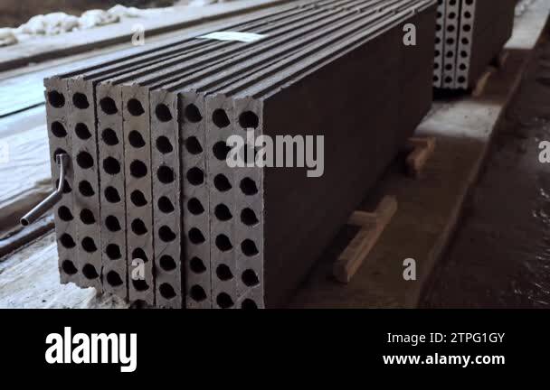 Reinforced concrete slabs stacked together. Plant for the creation of ...