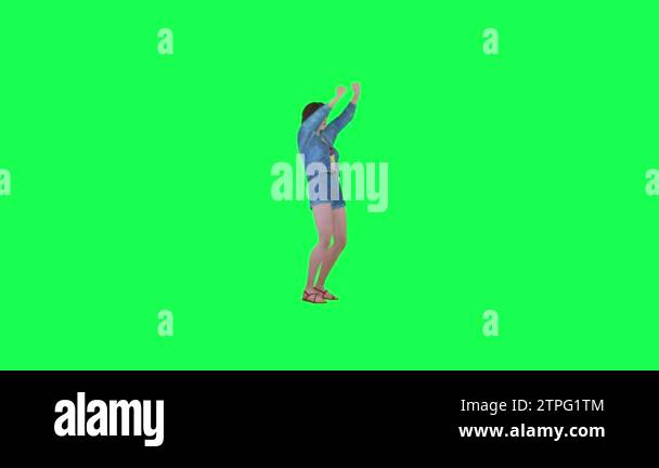 3d animated girl in jeans dancing for victory left angle green screen ...