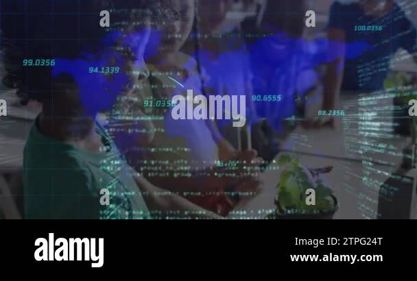 Animation of computer language, lines on map over diverse coworkers sharing ideas in office ...