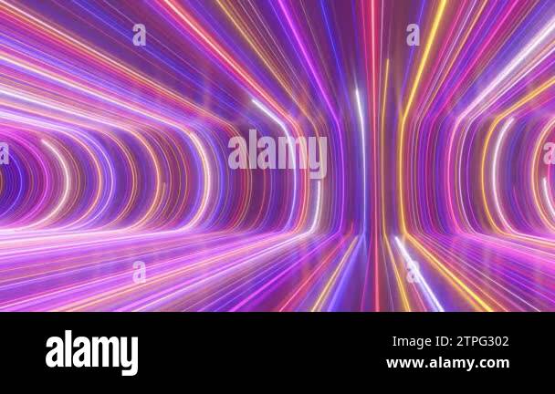 Ultraviolet Neon Laser Beam Lights Flow Inside Curved Reflection Room ...