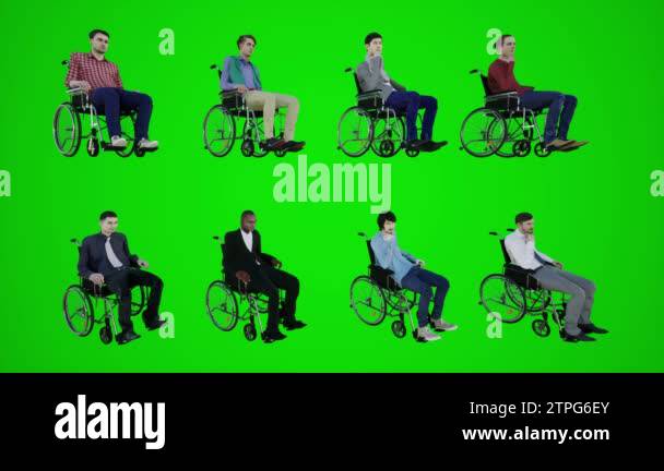 3d green screen European wheelchair bound man sitting on motionless ...