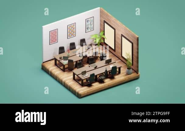 3D isometric animation loop low poly office room with many workplace in ...