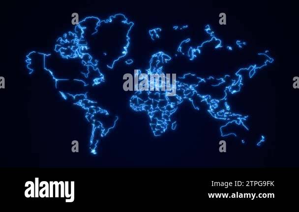Digital Technology World Map Animation. Glowing Connections in Global ...